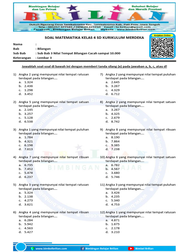 Soal Nilai Tempat Bilangan Cacah sampai 10.000 Kelas 4 SD Lembar 3 | PDF