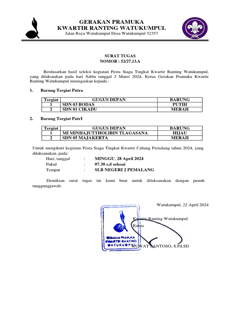 Surat Mandat Pesta Siaga Kwarcab PML 2024 | PDF