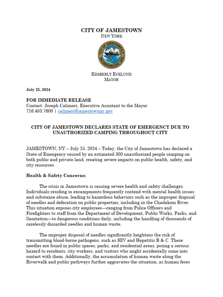 City of Jamestown Declares State of Emergency | PDF | Mental Health ...