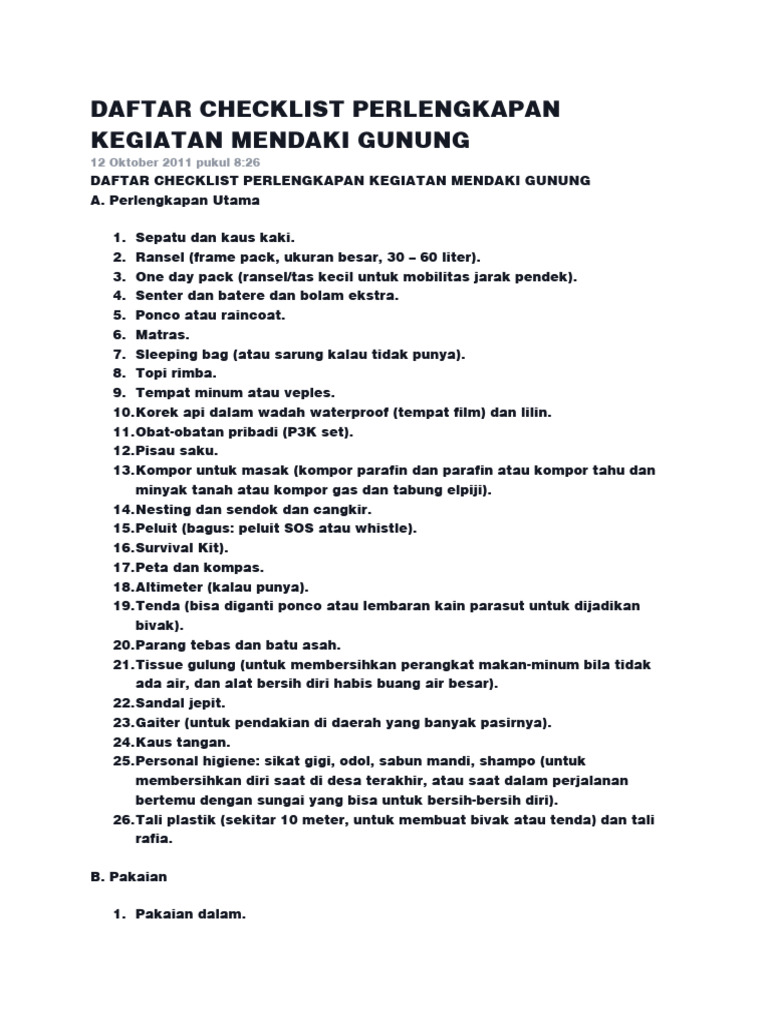 Checklist Perlengkapan Mendaki Gunung | PDF | Kajian Bahasa Asing