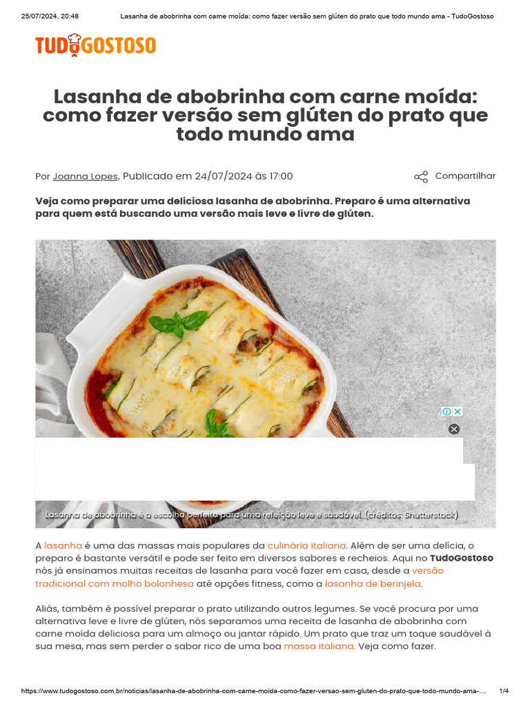 Lasanha de Abobrinha Sem Glúten: Receita Fácil | PDF | Molho | Queijo