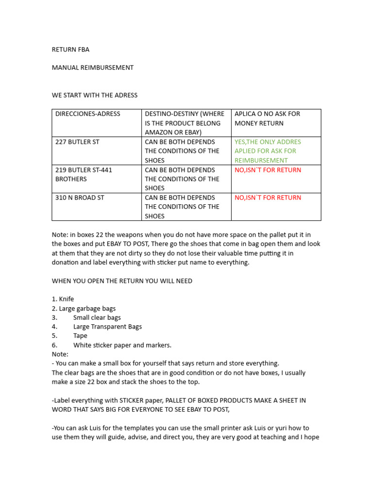 FBA Returns Process Manual | PDF | Computing