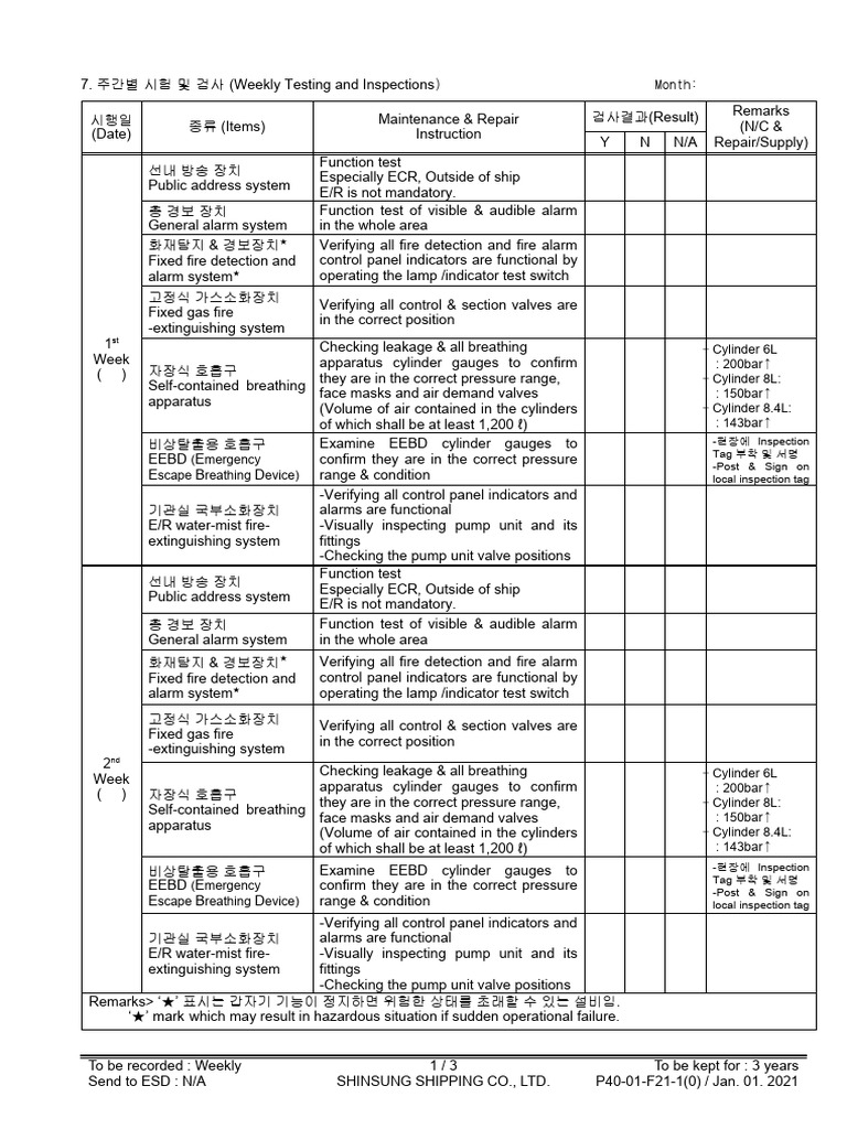 P40-01-F21-1 Fire Safety Maintenance Plan & Log - Weekly (Enf, 21.01.01 ...