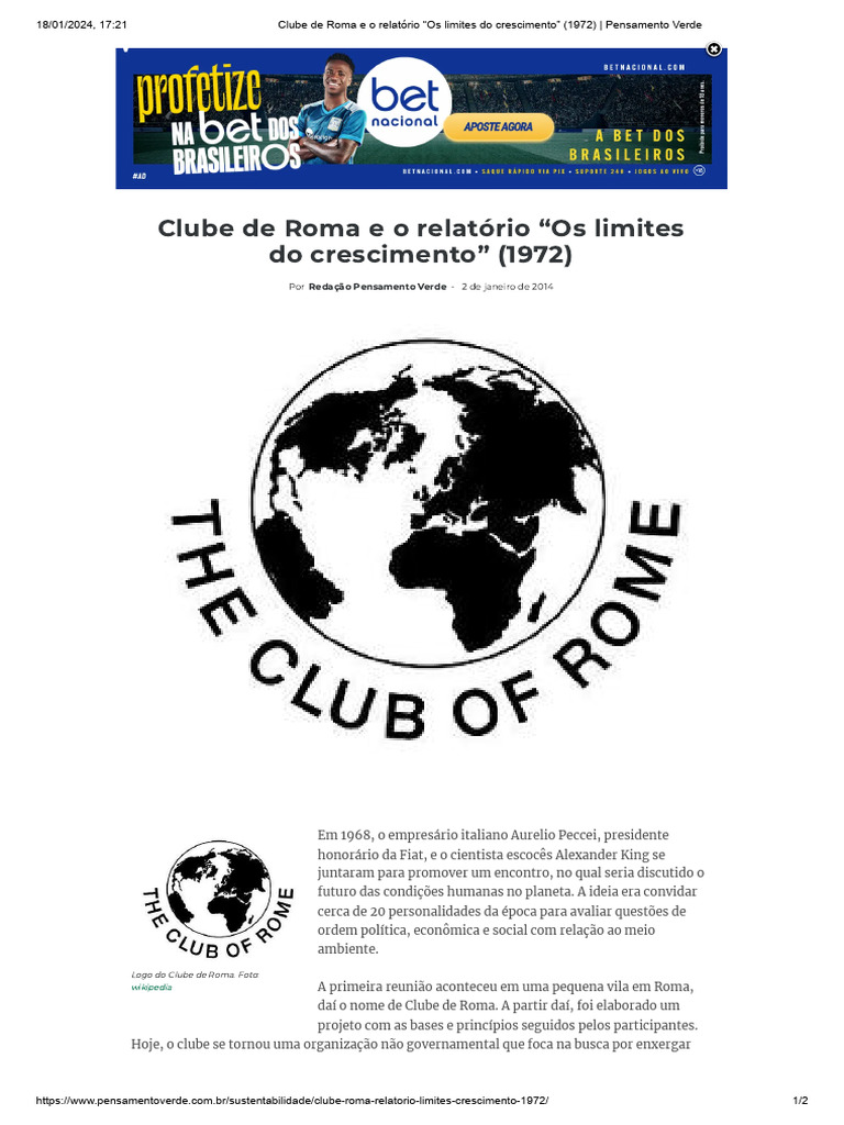 Clube de Roma e os Limites do Crescimento | PDF | Sustentabilidade ...