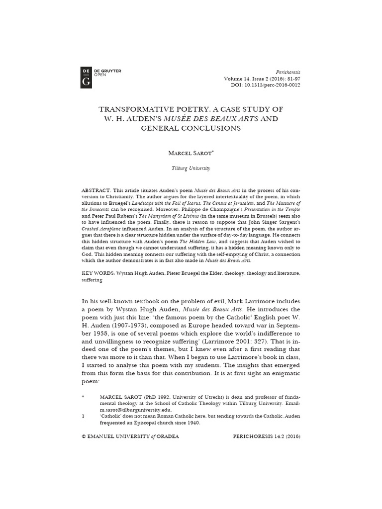 Auden's Musée des Beaux Arts Analysis | PDF