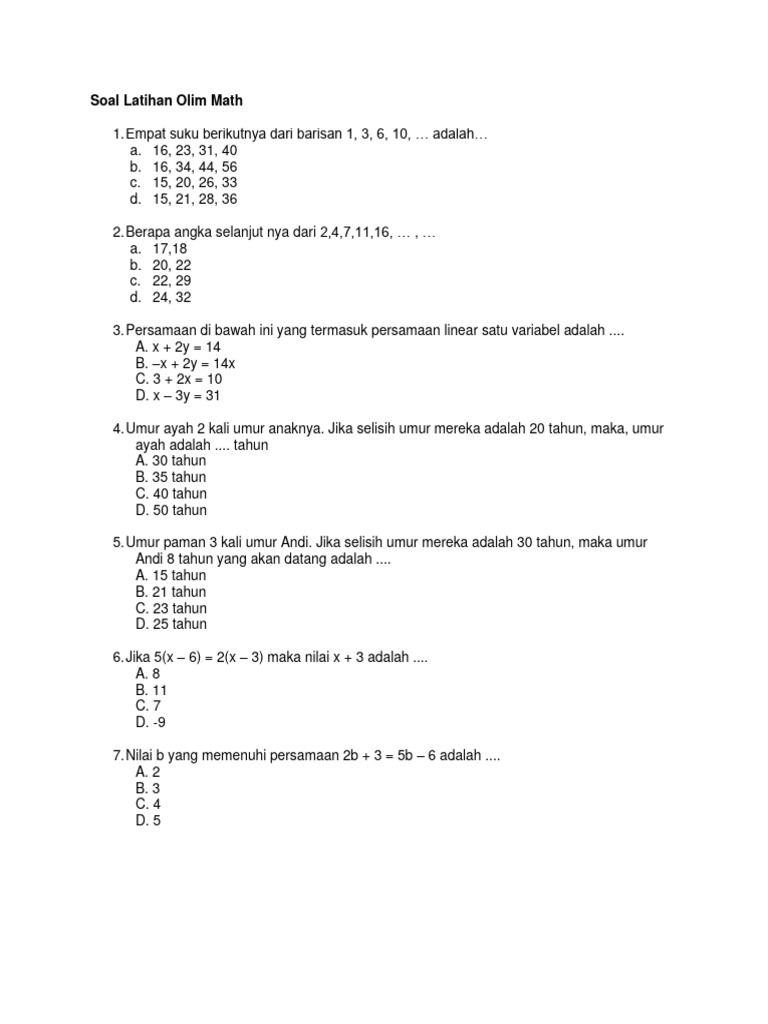 Soal Latihan Olim Math 25 Soal | PDF