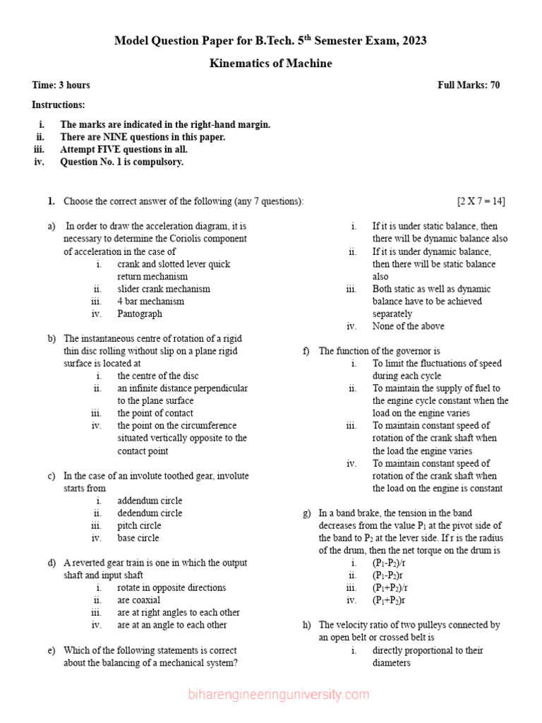 B.Tech 5th Sem Kinematics Exam Paper 2023 | PDF | Gear | Velocity