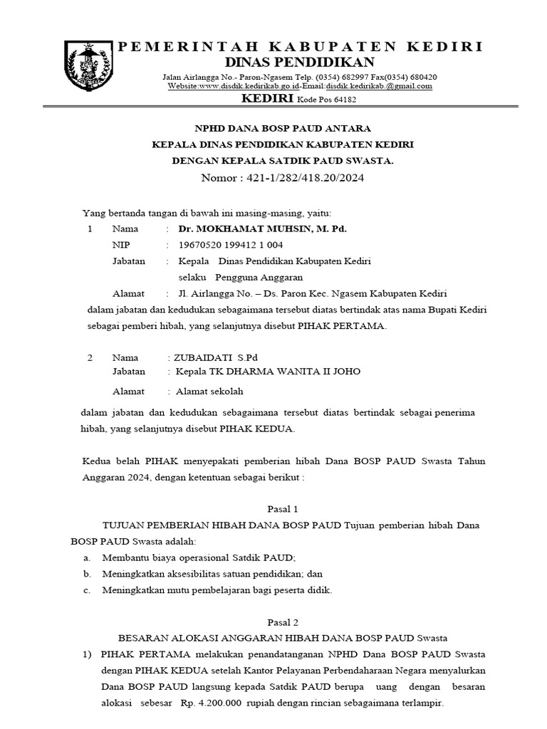 NPHD Permendagri Bop Paud Swasta 2024 | PDF