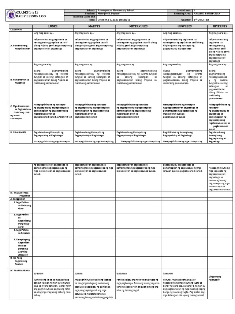 DLL - Araling Panlipunan 1 - Q1 - W6 | PDF