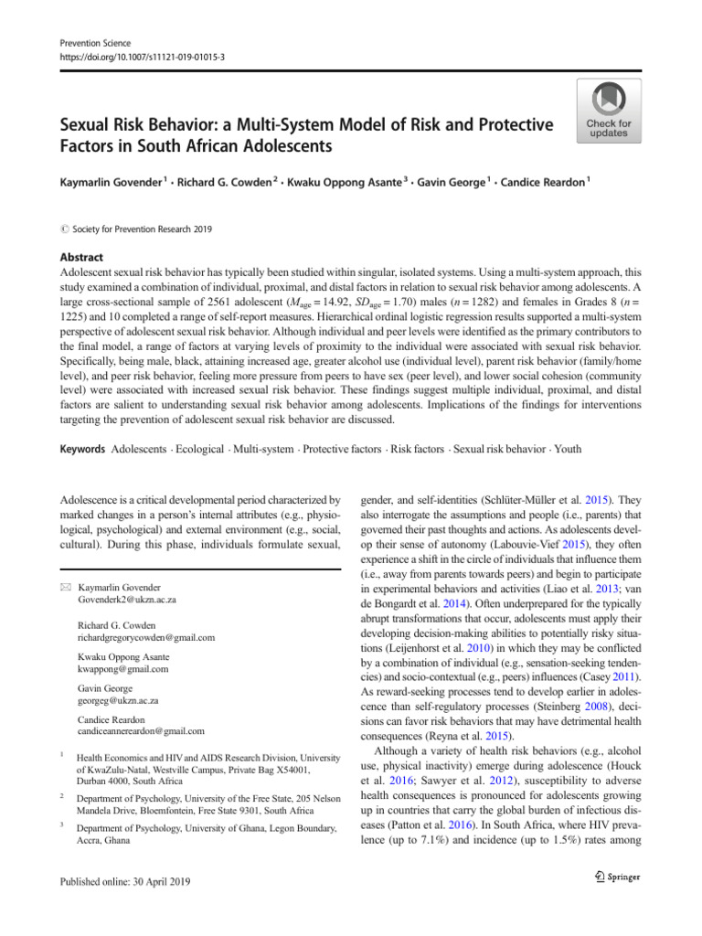 Sexual Risk Behavior A Multi System Mode Pdf Adolescence Risk 5654