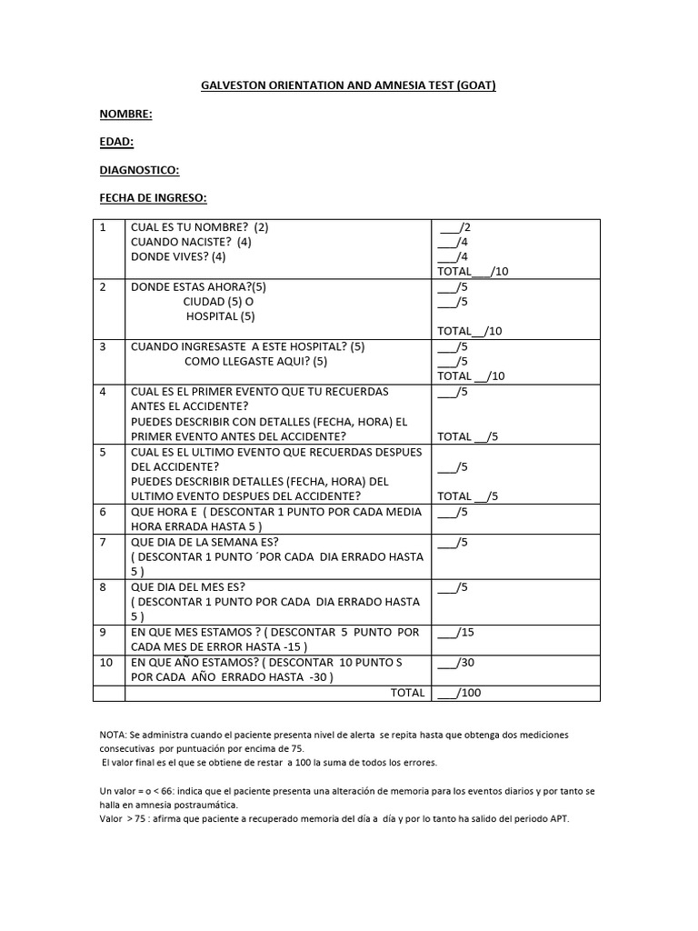 Galveston Orientation and Amnesia Test | PDF | Procesos mentales ...