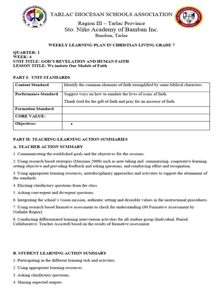 CLE Grade 7 - 1Q 4th Weekly Lesson Plan - 2023 | PDF | Learning ...