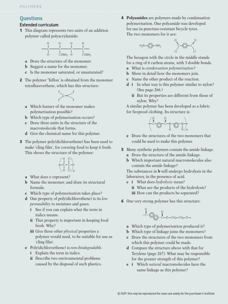 IGCSE Chem ch18 Questions | PDF | Polymers | Polymerization