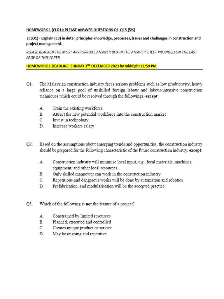 Homework 1 Clo1 Q1-15 Questions | PDF | Project Management | Leadership