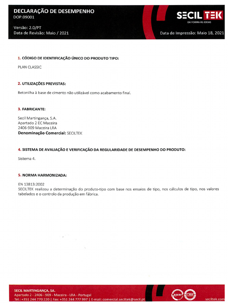 Decl. Desempenho - Betonilha para Regularização de Pavimentos SecilTek ...