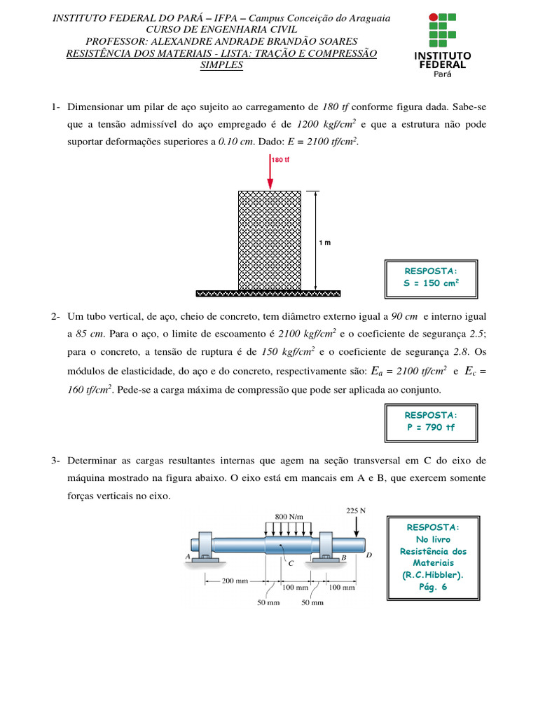 Lista Ii - Tração e Compressão Simples | PDF | Estresse (Mecânica ...