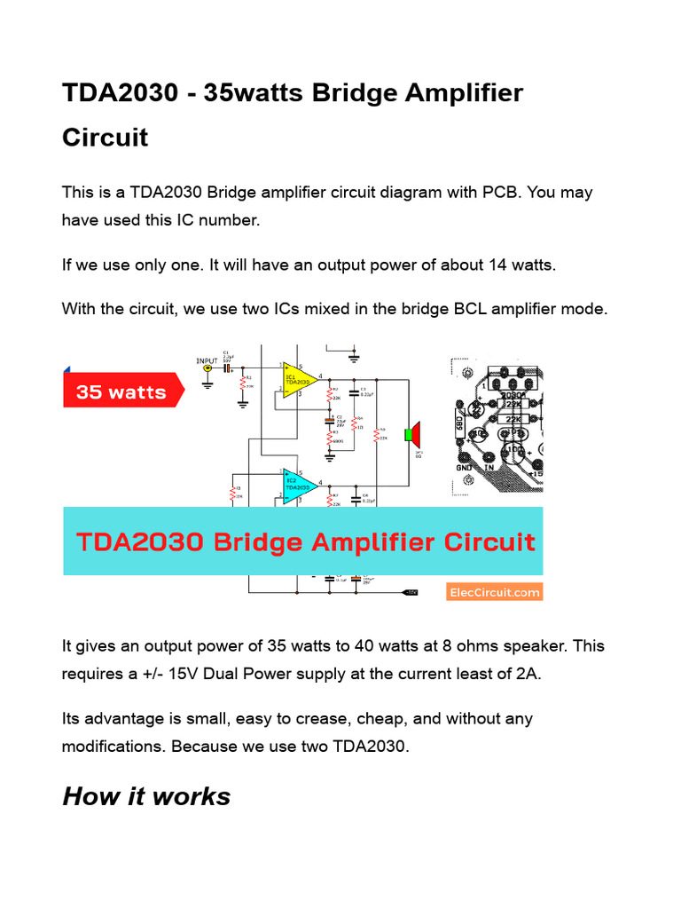 TDA2030 Bridge Amplifier Circuit | PDF | Amplifier | Power Supply