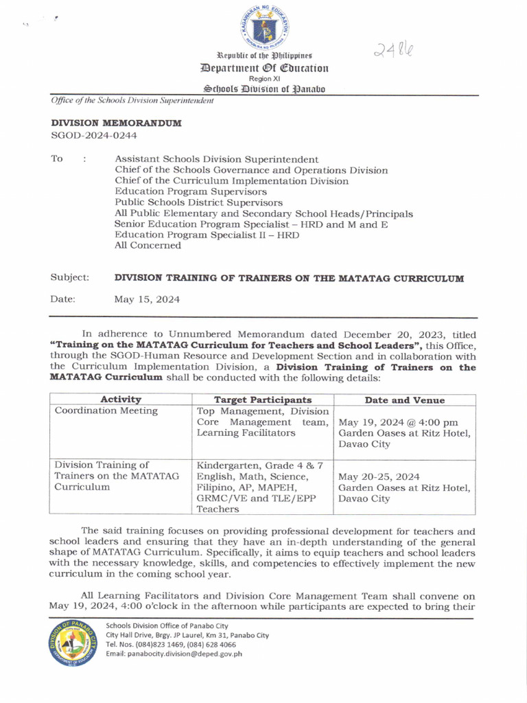 DM SGOD 2024 0244 Division Training of Trainers On The Matatag ...