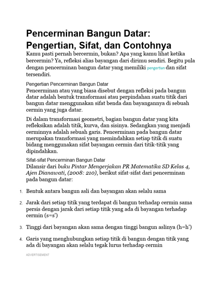 Pencerminan Bangun Datar: Pengertian & Sifat | PDF