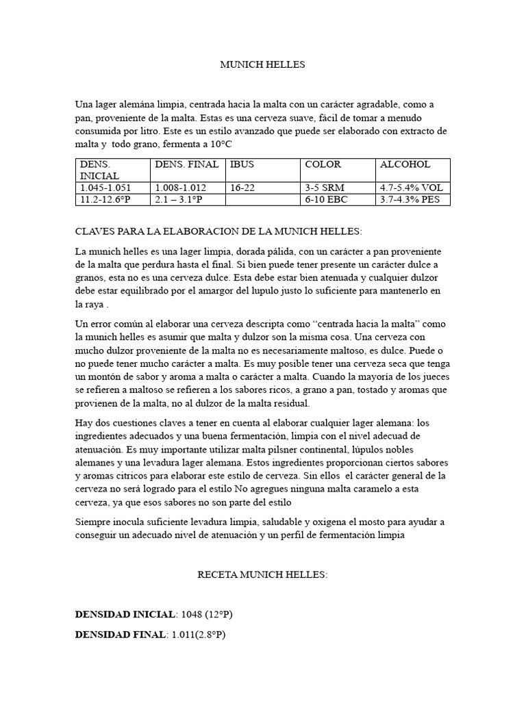 Receta Munich Helles | PDF | Cerveza | Fermentación
