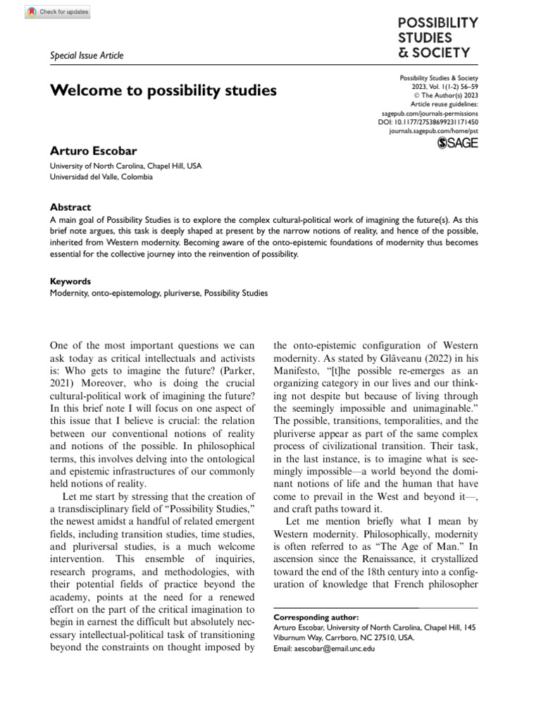 Escobar 2023 Welcome To Possibility Studies | PDF | Reality | Ontology
