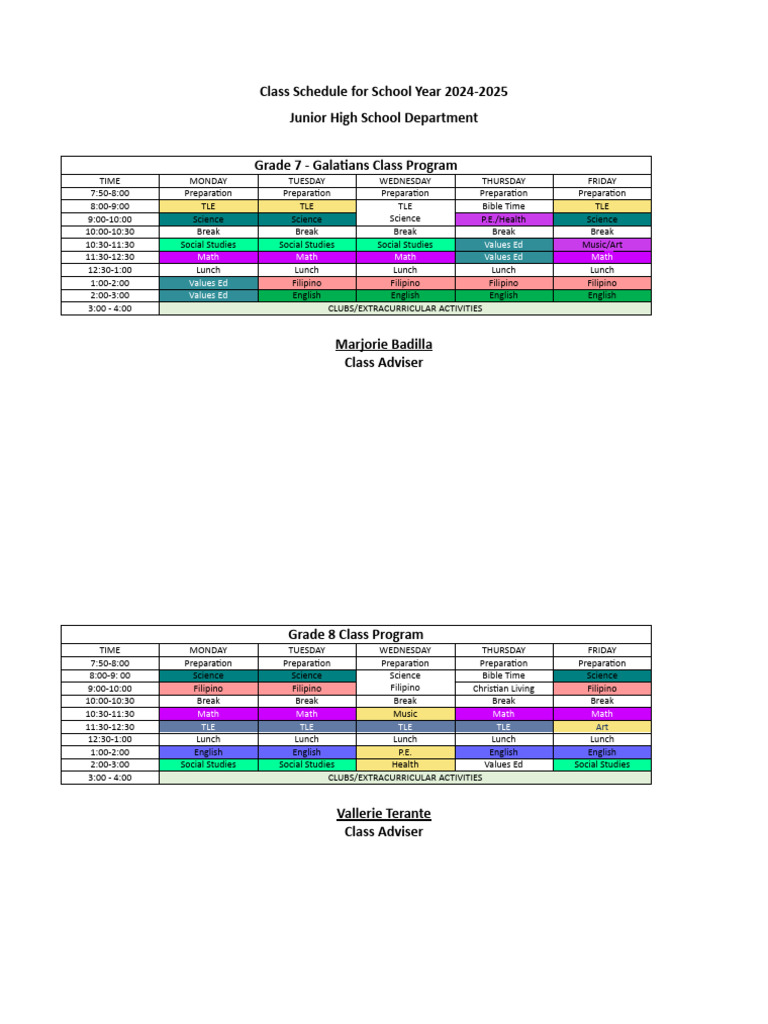2024-2025 Junior & Senior High Class Schedule | PDF | Science