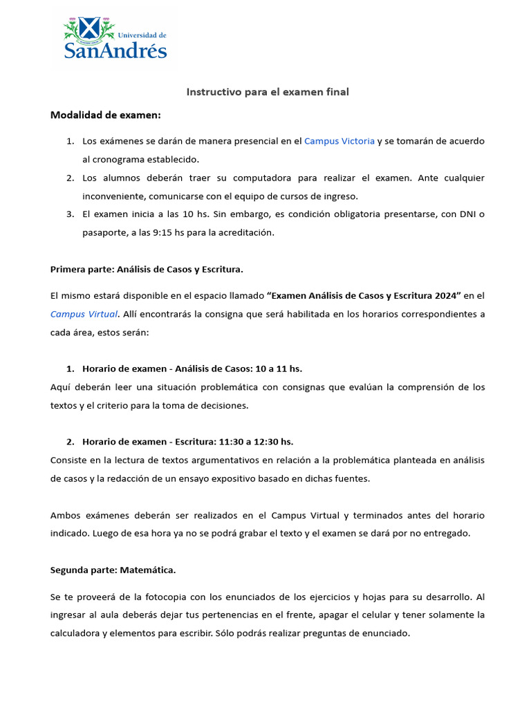 Instructivo - Examen de Ingreso A UdeSA 2024 - Presencial | PDF | Crecimiento personal y ...