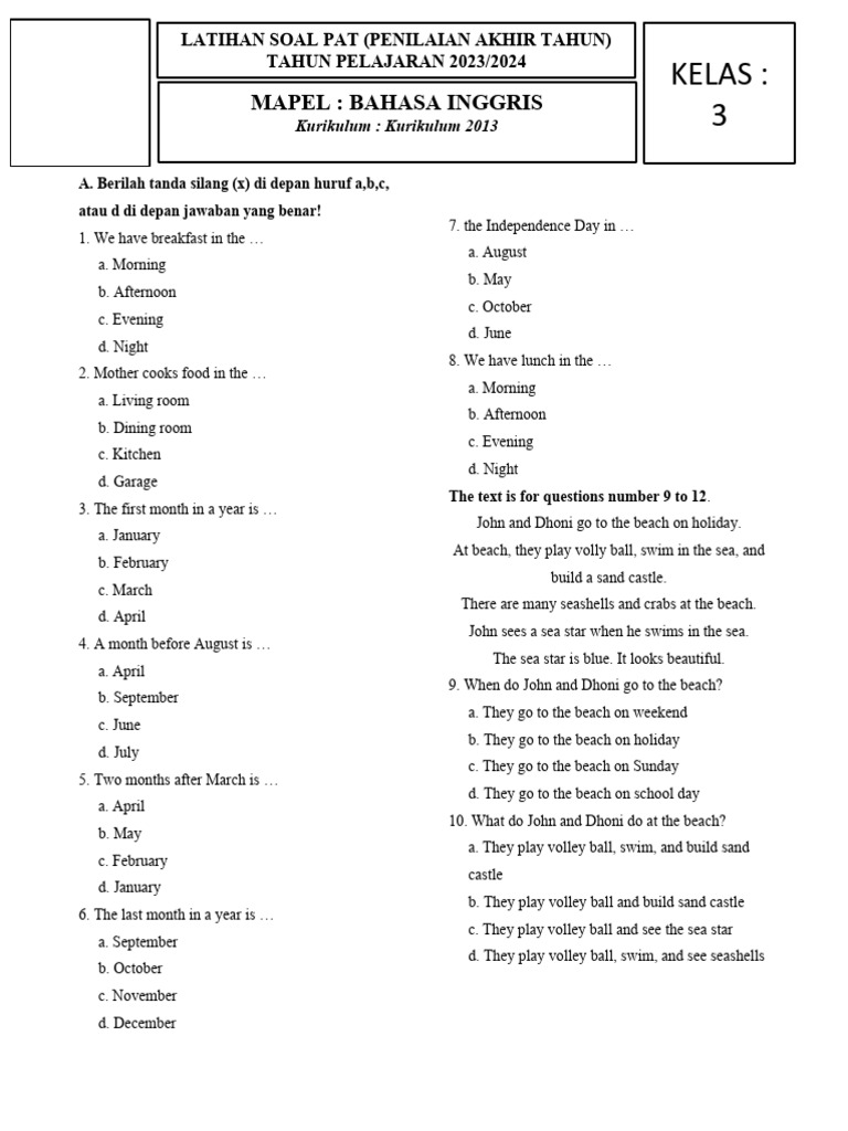 SOAL PAT BAHASA INGGRIS KELAS 3SD | PDF
