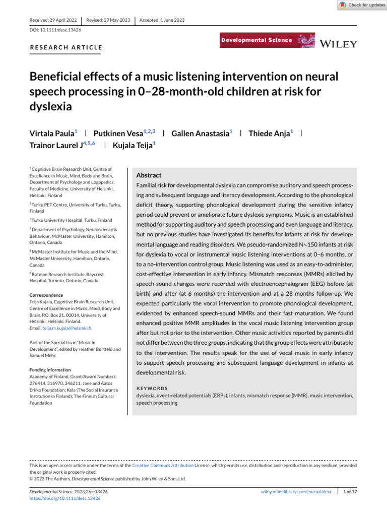 Beneficial Effects of A Music Listening Intervention On Neural Speech Processing in 0 28 Month ...