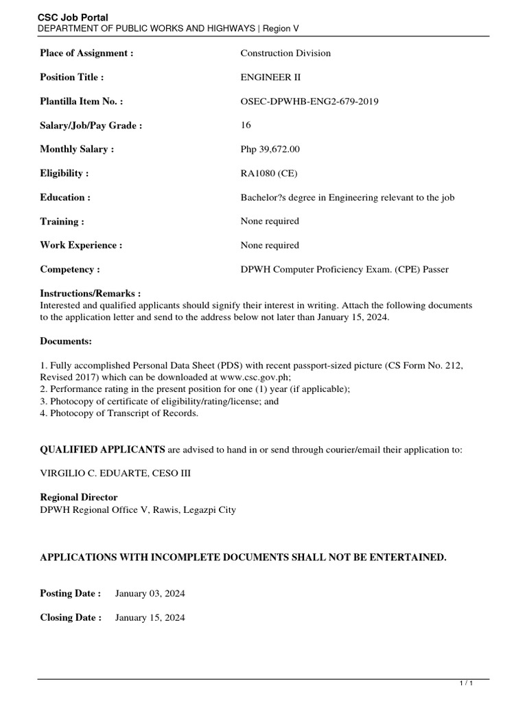 DPWH - Engr 2 Job Posting | PDF