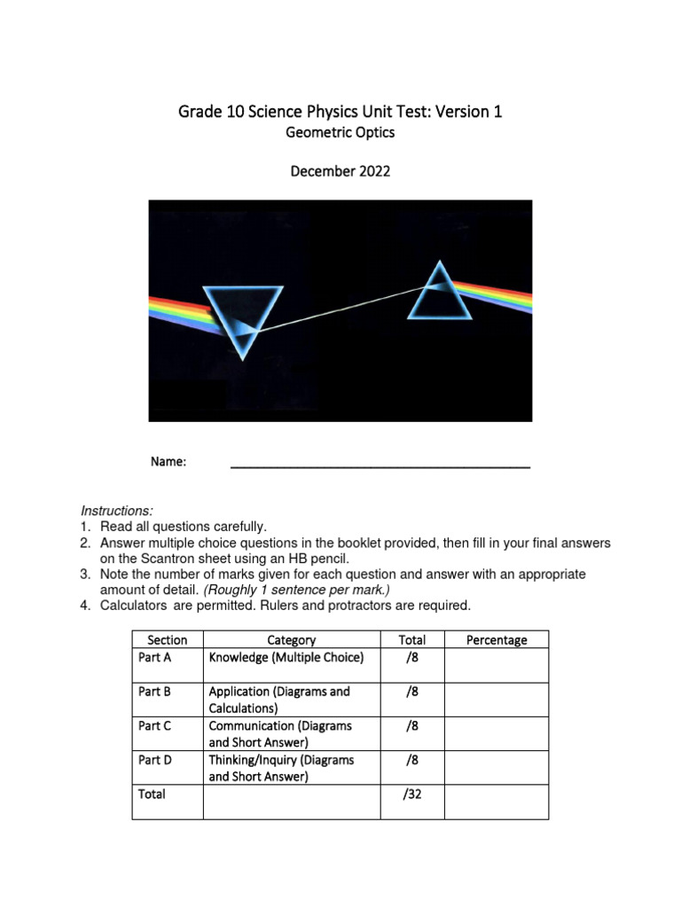 Grade 10 Optics Unit Test Overview | PDF | Light | Mirror