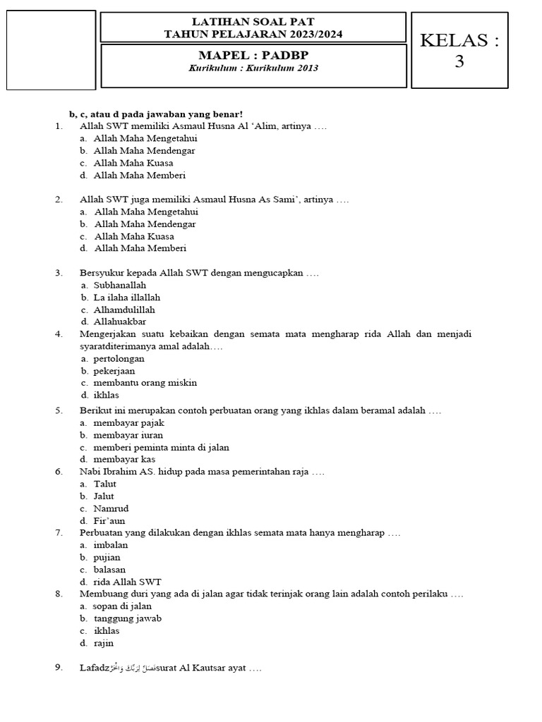Soal Pat Pai Kelas 3 SD | PDF