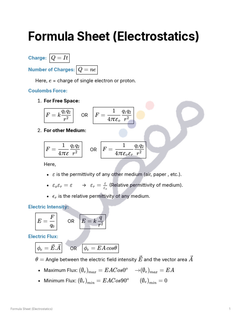 Formula Sheet (Electrostatics) | PDF | Capacitor | Permittivity