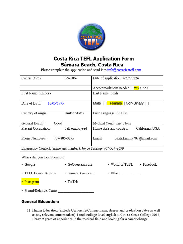 Costa Rica TEFL Application Form | PDF | Learning | Cognition