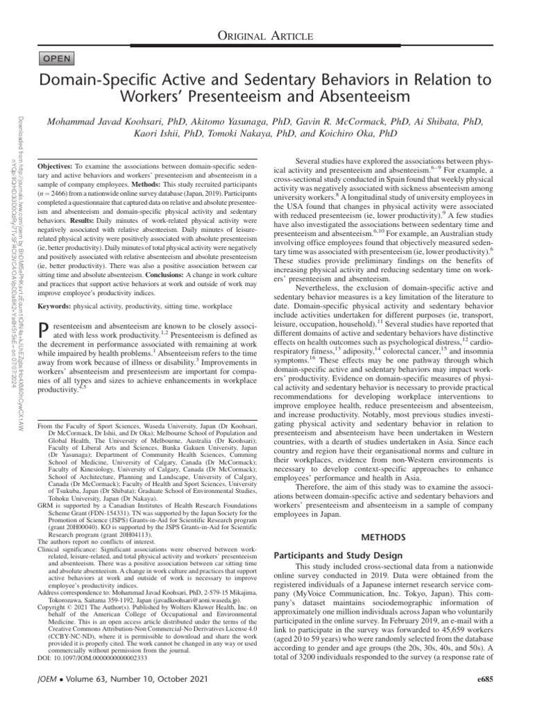 Active vs Sedentary Behaviors and Worker Productivity | PDF | Sedentary ...