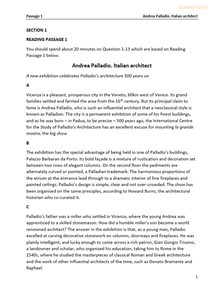 01 Passage 1 - Andrea Palladio Italian Architect Q1-13 | PDF