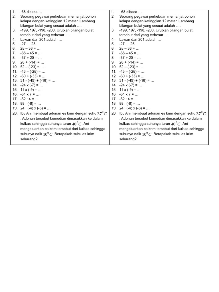 SOAL MATEMATIKA BILANGAN BULAT KELAS 6 | PDF