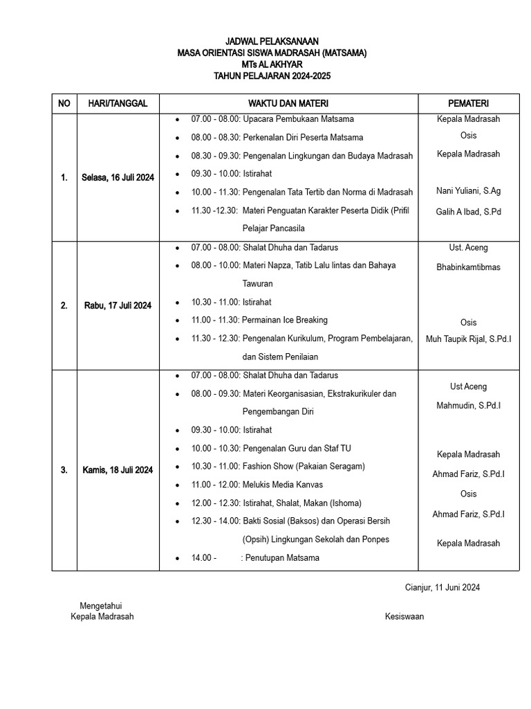 Jadwal Matsama MTs Al Akhyar 2024 | PDF