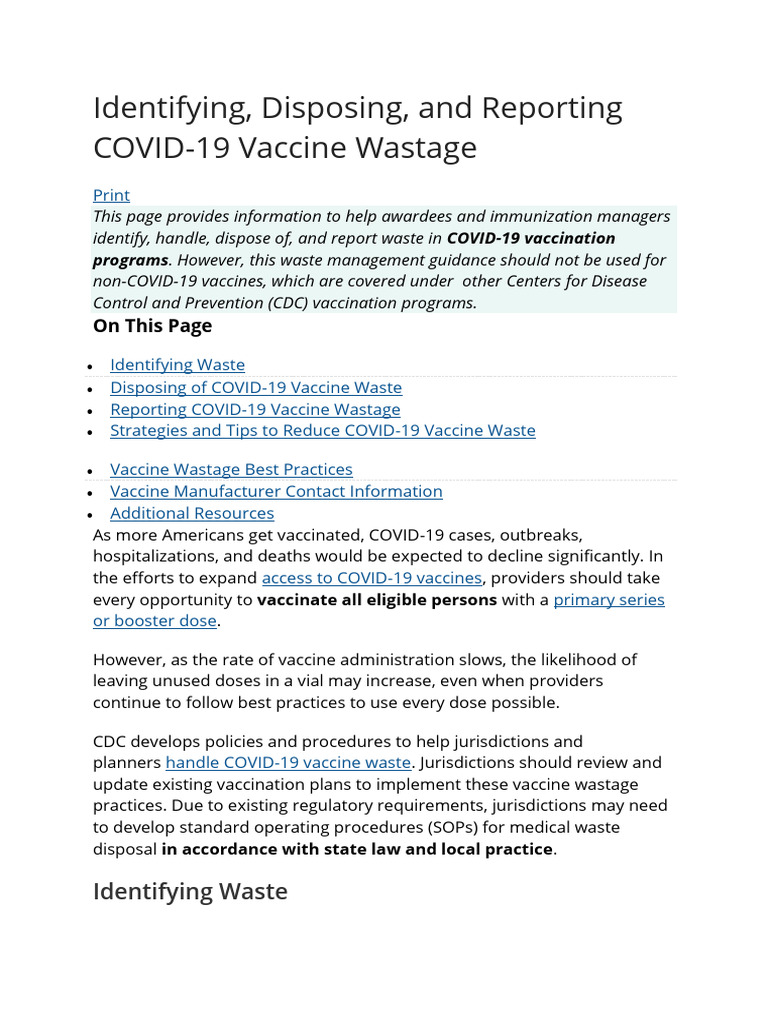 Identifying, Disposing, and Reporting COVID-19 Vaccine Wastage | PDF ...