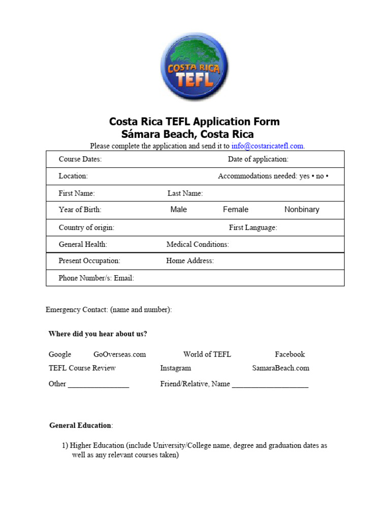 Application Costa Rica TEFL 2023 2 | PDF