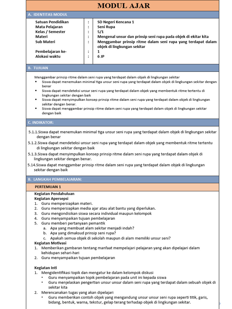 8 - MODUL - AJAR - SENI - KELAS - 5 - BAB - 1 Diah Sadiah | PDF | Seni & Disiplin Bahasa