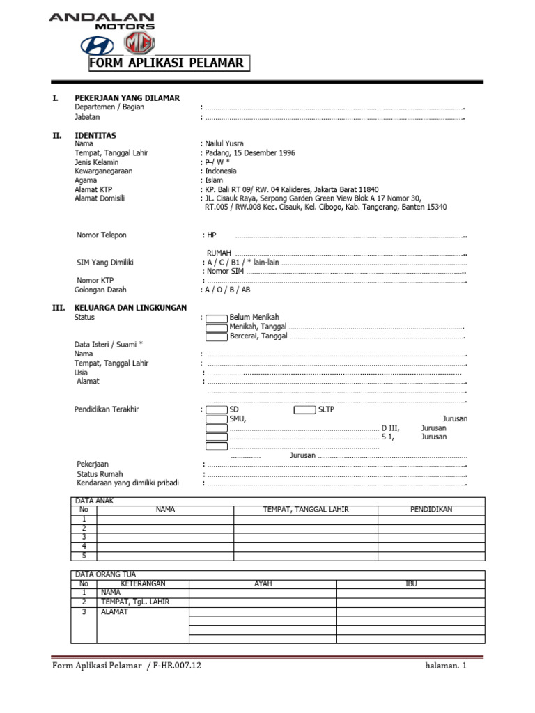 Form Aplikasi Pelamar Andalan | PDF