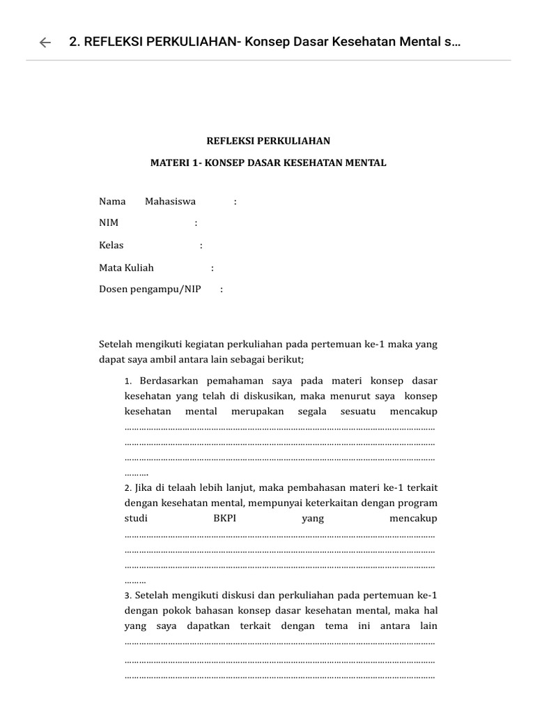 REFLEKSI PERKULIAHAN - Konsep Dasar Kesehatan Mental | PDF | Karier & Perkembangan ...