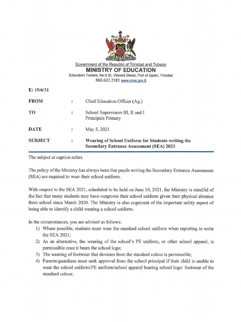 Memo - Wearing of School Uniform for Students writing the SEA 2021 | PDF