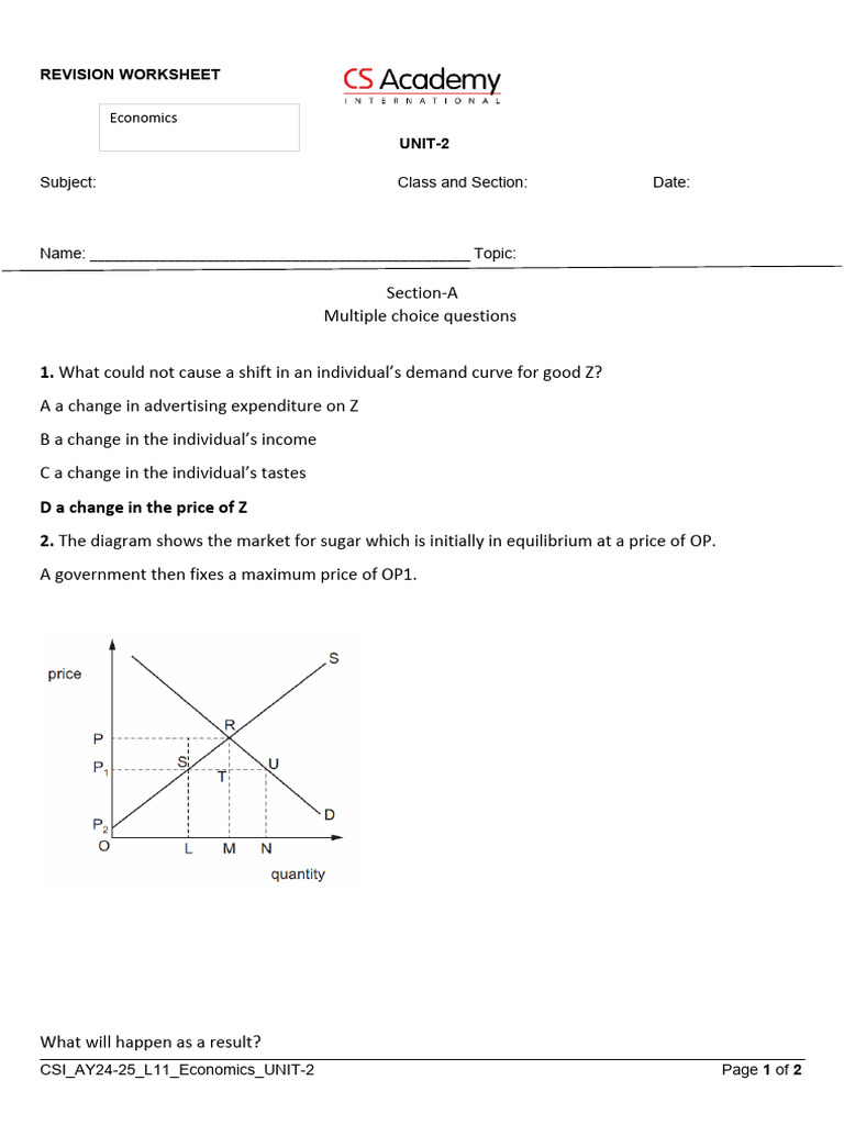 CSI - AY24-25 - L11 - Economics - UNIT-2 WORKSHEET | PDF | Elasticity ...