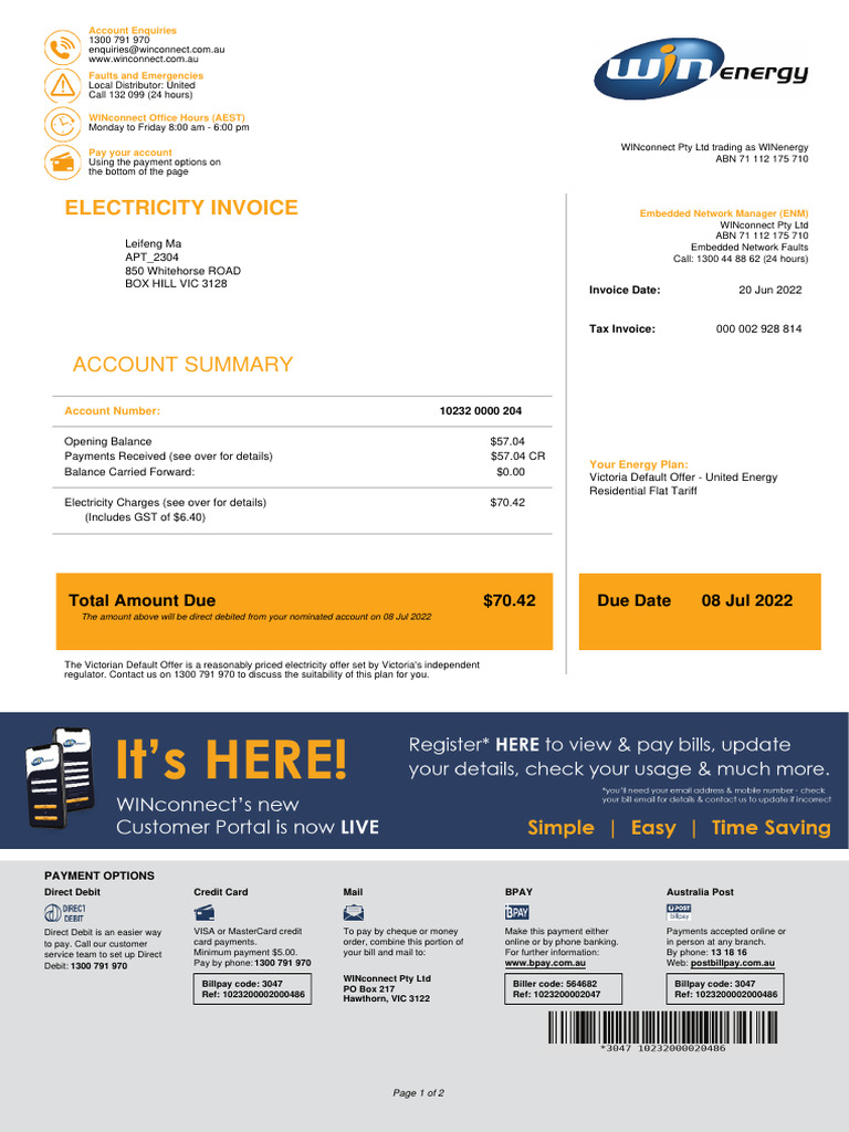 Electricity Invoice: Total Amount Due $70.42 Due Date 08 Jul 2022 | PDF ...
