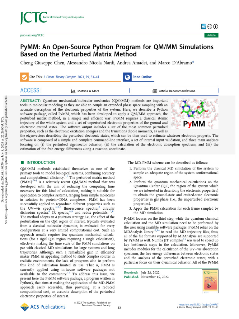 Chen Et Al 2022 Pymm An Open Source Python Program For QM MM Simulations Based On The Perturbed ...