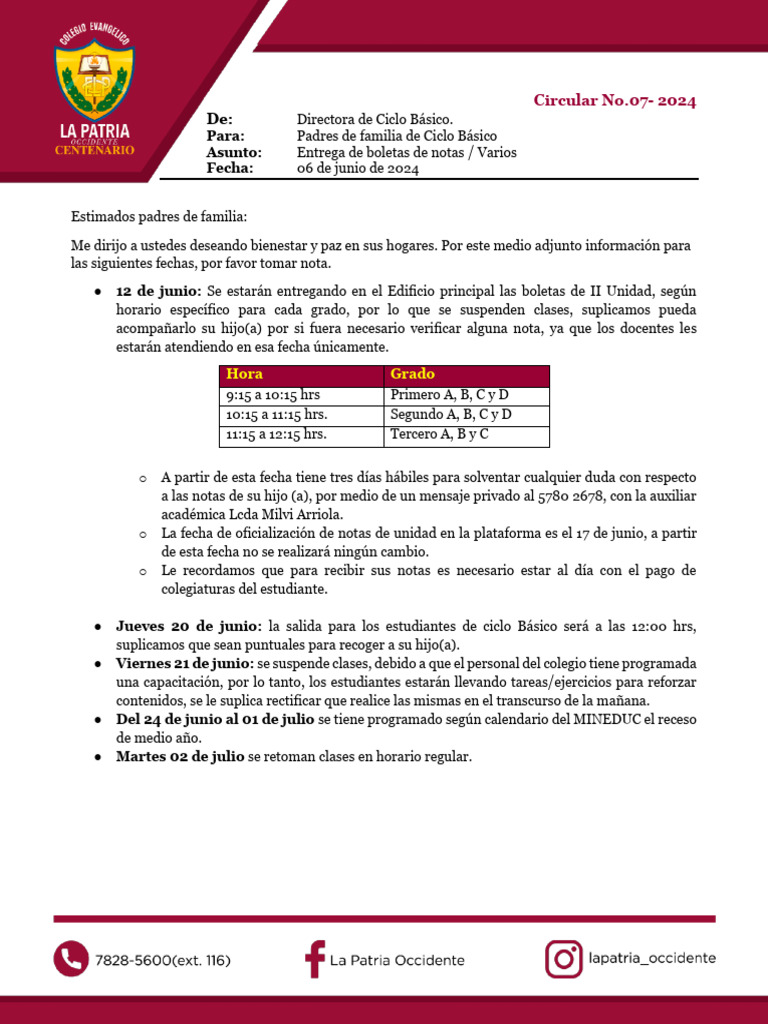 CIRCULAR No. 7 ENTREGA DE NOTAS | PDF