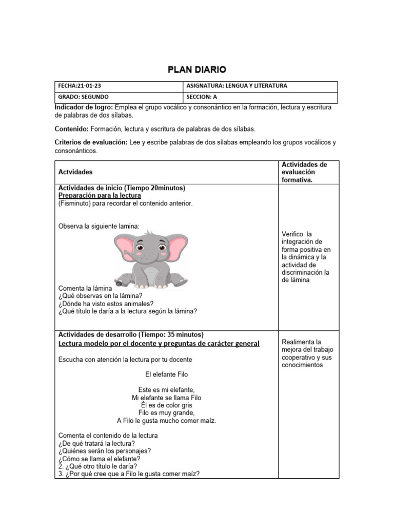 Plan Diario Segundo PR | PDF | Sílaba | Evaluación