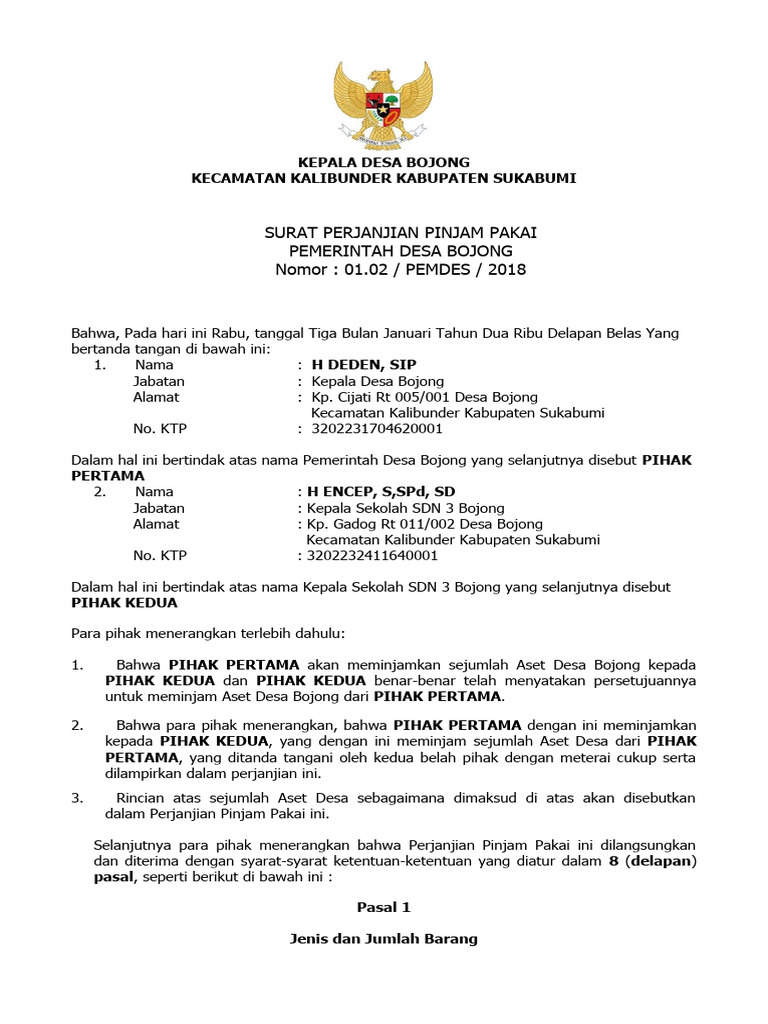 Surat Perjanjian Pinjam Pakai Aset Desa | PDF